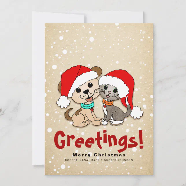 Christmas Cartoon Cat Dog Holiday Card | Zazzle