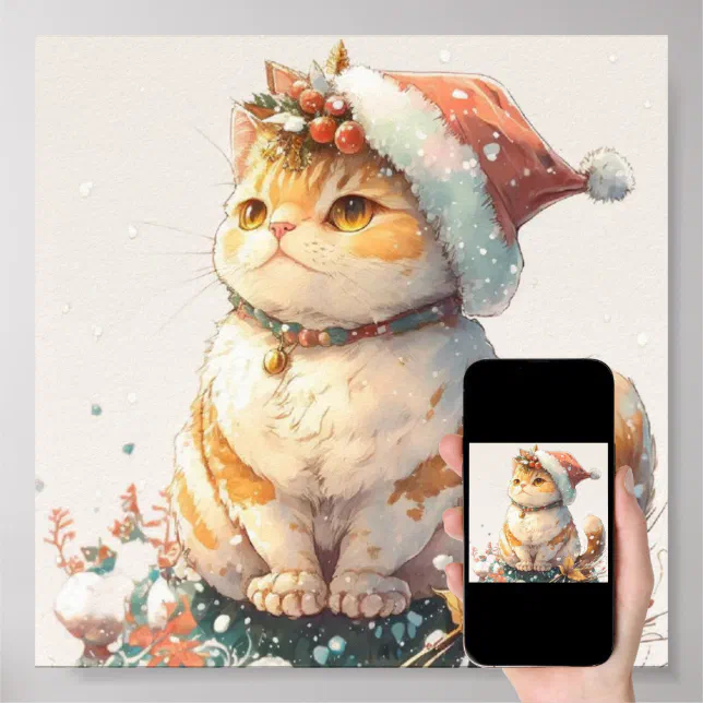 Christmas cat red hat poster | Zazzle