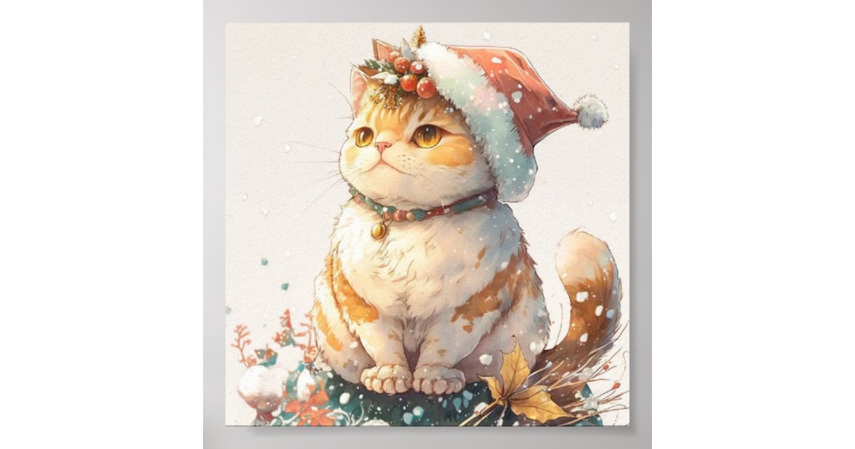 Christmas cat red hat poster | Zazzle