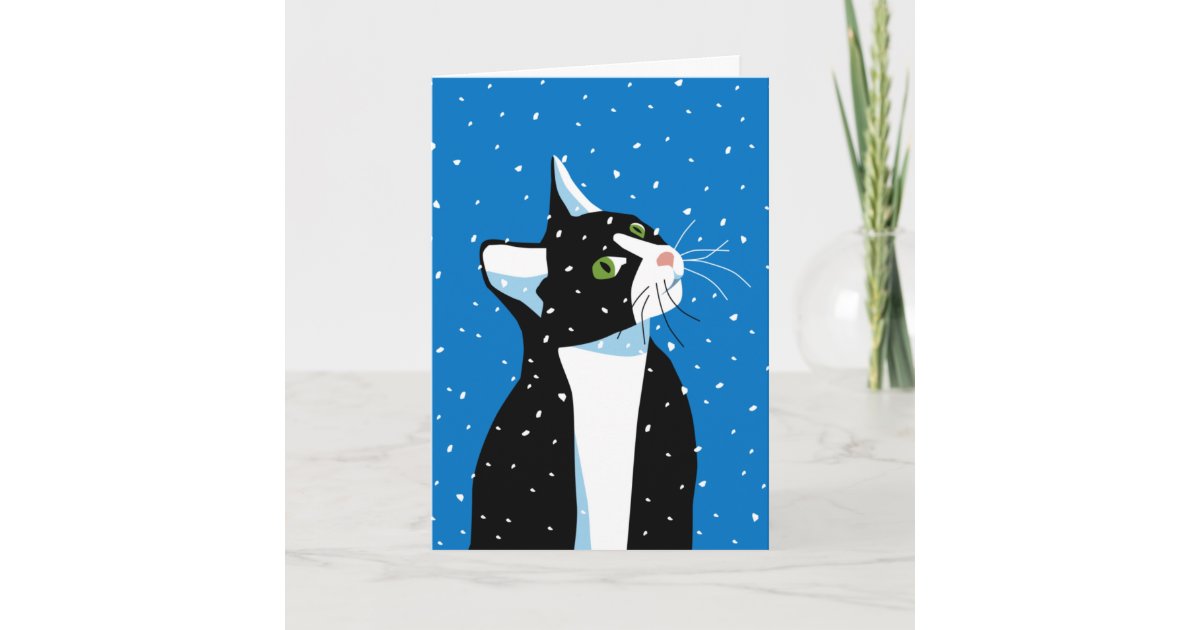Christmas Cat Staring at Snowflakes Holiday Card | Zazzle