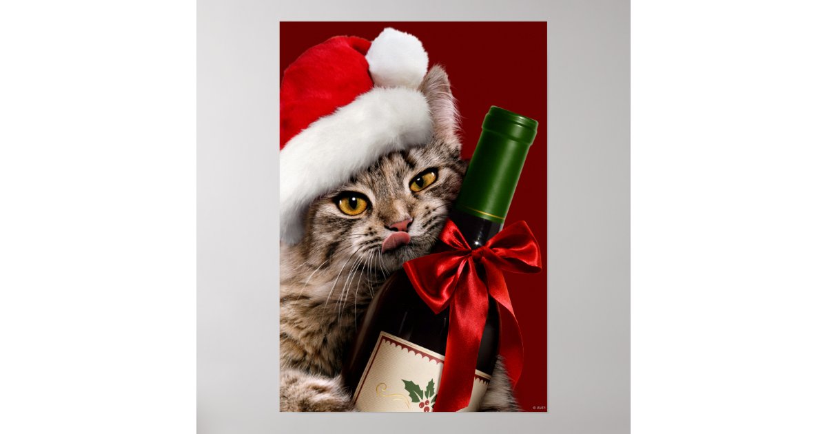 Christmas Cat With Wine Bottle Poster | Zazzle