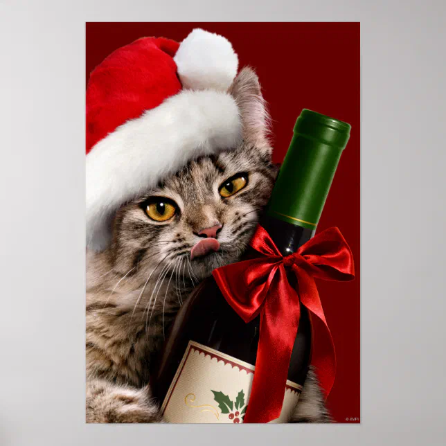 Christmas Cat With Wine Bottle Poster | Zazzle