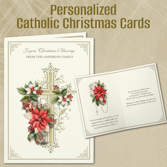 Christmas Catholic Gold Cross Poinsettias Holiday Card | Zazzle
