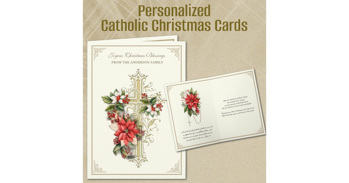 Christmas Catholic Gold Cross Poinsettias Holiday Card | Zazzle
