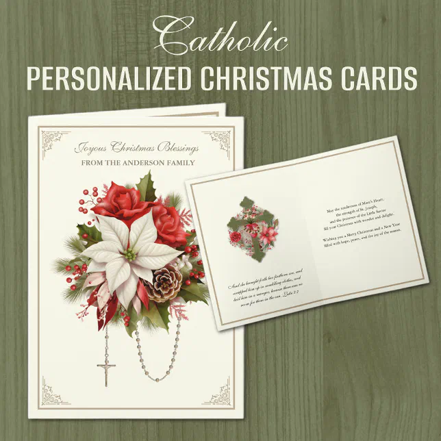 Christmas Catholic Rosary Mary Heart Poinsettias Holiday Card | Zazzle