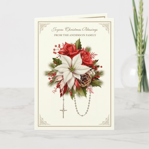 Christmas Catholic Rosary Mary Heart Poinsettias Holiday Card | Zazzle