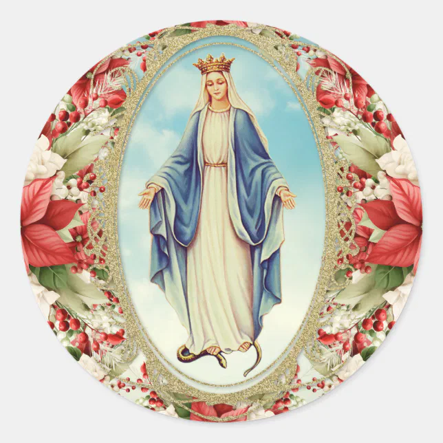 Christmas Catholic Virgin Mary Poinsettias Classic Round Sticker | Zazzle