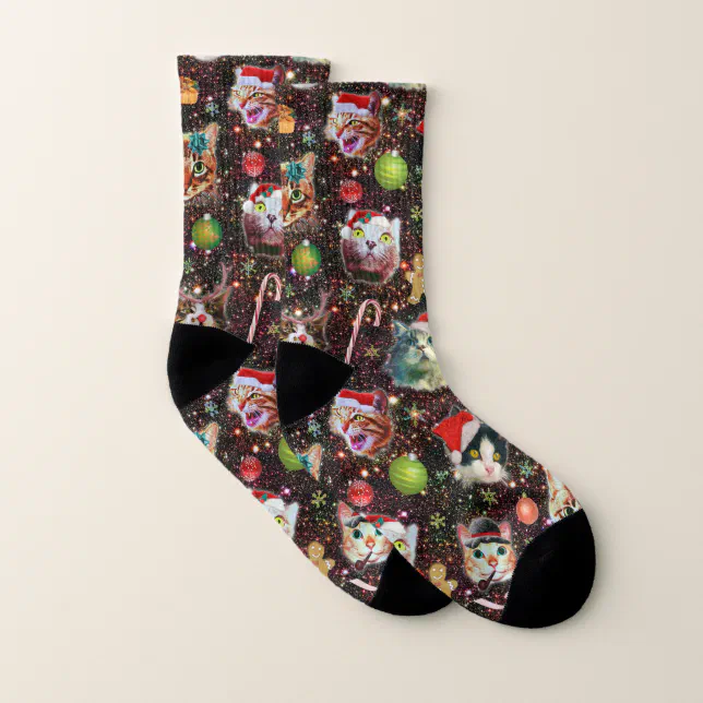 Christmas Cats in Space Galaxy Stars Funny Holiday Socks | Zazzle