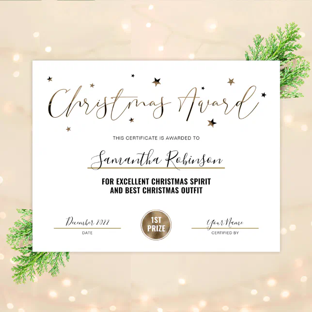 Christmas Certificate Award Gold Glitter Diploma | Zazzle