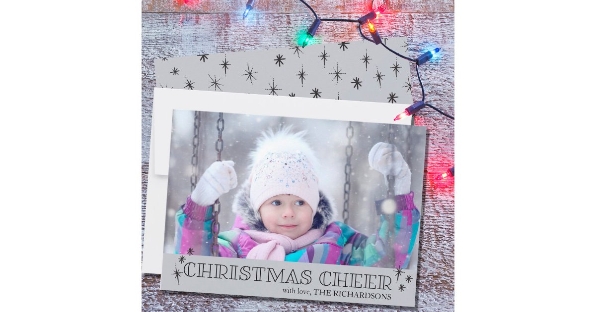 Christmas Cheer Stars Grey Photo Holiday Card | Zazzle