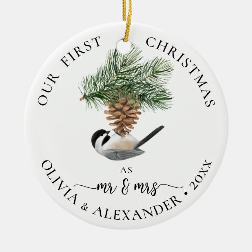 Christmas Chickadee Newlywed Mr and Mrs Photo Ceramic Ornament | Zazzle