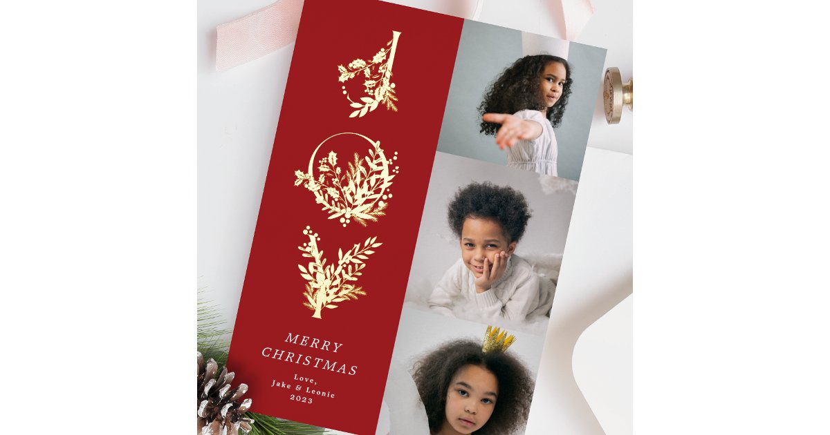 Christmas Classic Red Leafy Bold JOY Collage Photo Foil Holiday Card ...