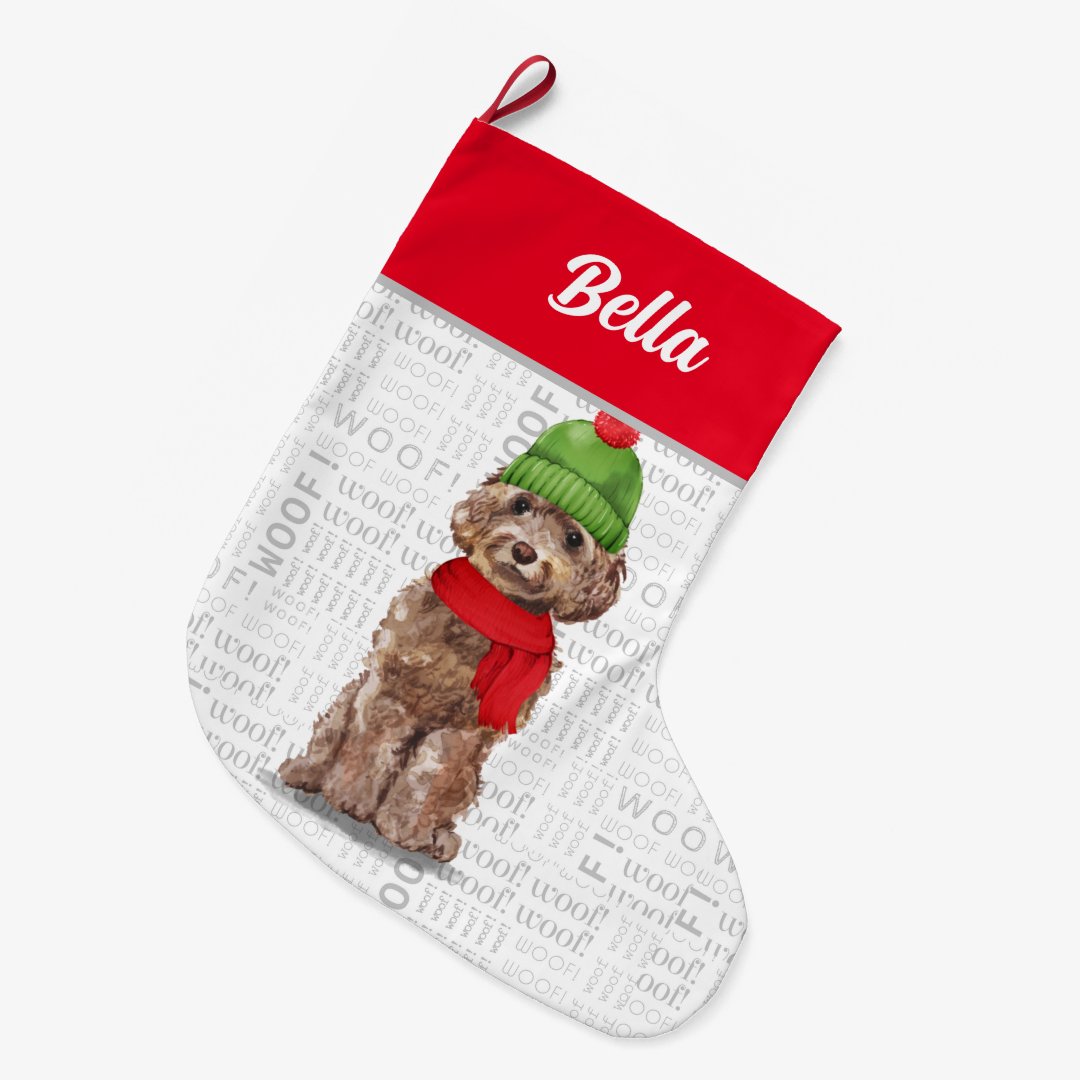 Christmas Cockapoo with Dog's Name Large Christmas Stocking | Zazzle