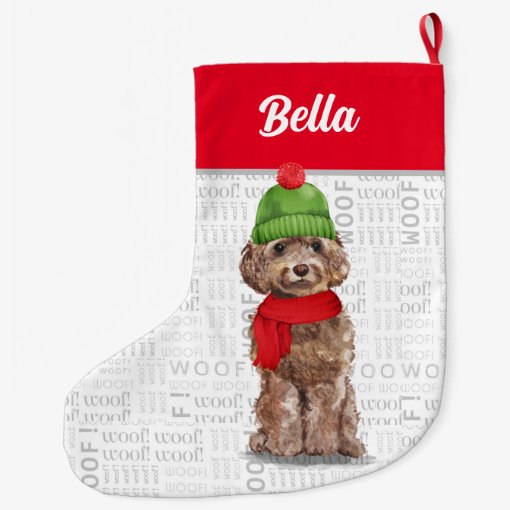 Christmas Cockapoo with Dog's Name Large Christmas Stocking | Zazzle
