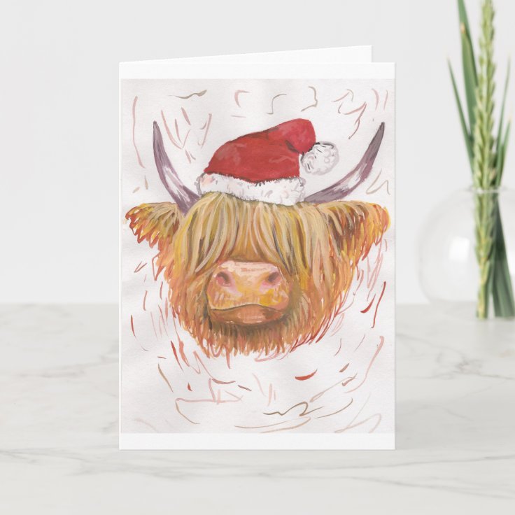 christmas coo Highland Cow with Christmas Hat Holiday Card | Zazzle