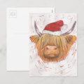 christmas coo Highland Cow with Christmas Hat Holiday Postcard | Zazzle