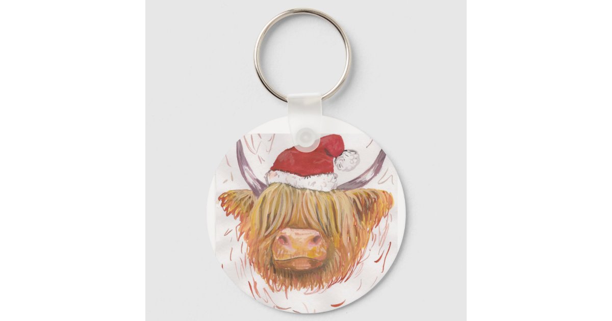 christmas coo Highland Cow with Christmas Hat Keychain | Zazzle