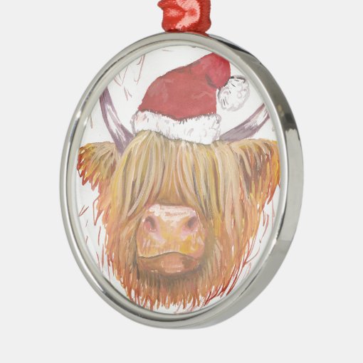 christmas coo Highland Cow with Christmas Hat Metal Ornament | Zazzle