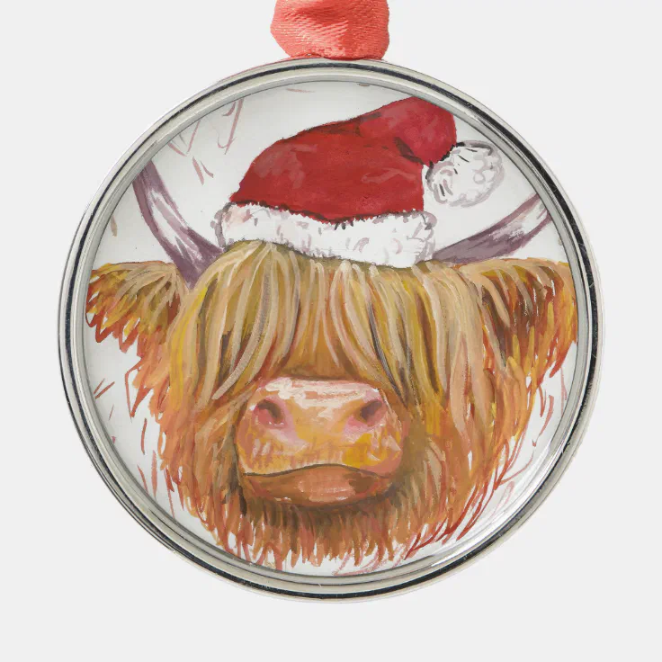 christmas coo Highland Cow with Christmas Hat Metal Ornament | Zazzle