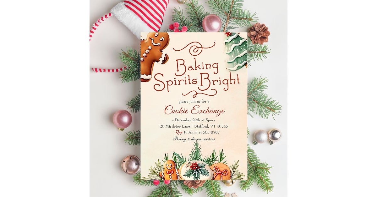 Christmas Cookie Exchange Baking Spirits Bright Invitation | Zazzle