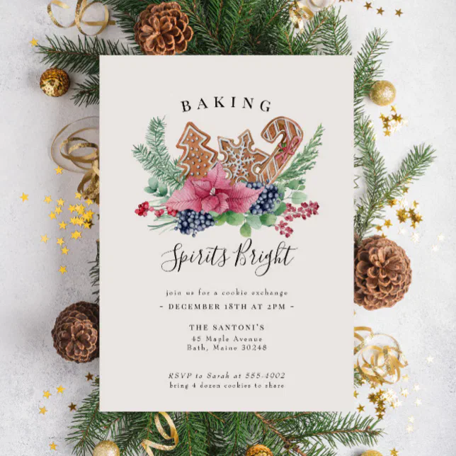 Christmas Cookie Exchange Baking Spirits Bright Invitation | Zazzle