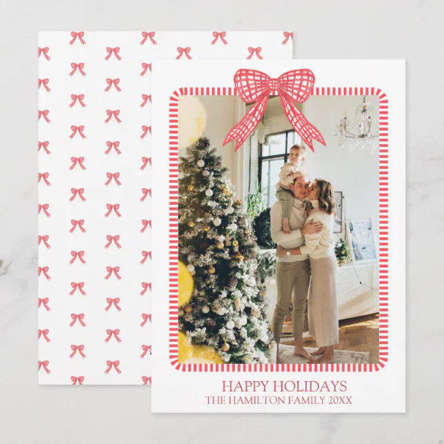 Christmas Coquette Bow Photo Grandmillennial Holiday Card | Zazzle