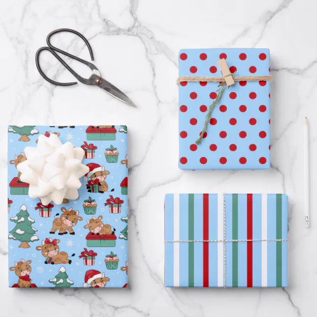 Christmas Cow Bull Wrapping Paper Set of 3 | Zazzle