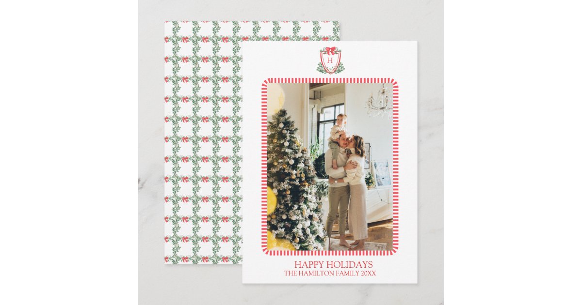 Christmas Crest Monogram Photo Grandmillennial Holiday Card | Zazzle