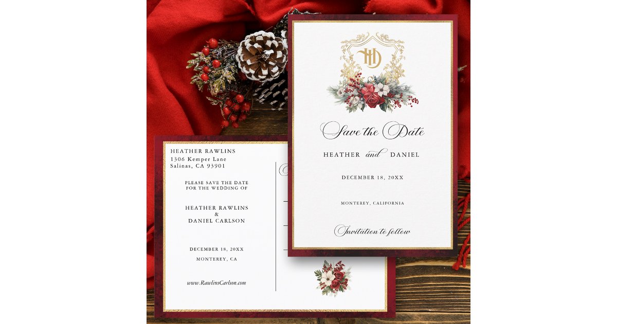 Christmas Crest Monogram Wedding Save the Date Announcement Postcard ...