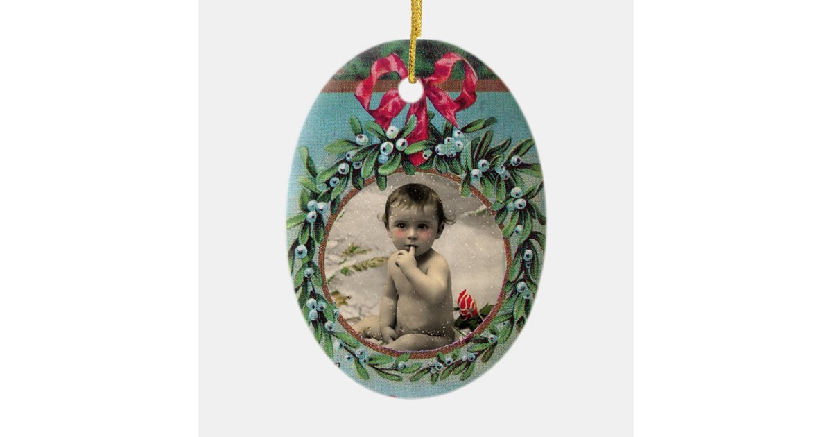 CHRISTMAS CROWN WITH MISTLETOES PHOTO TEMPLATE CERAMIC ORNAMENT | Zazzle