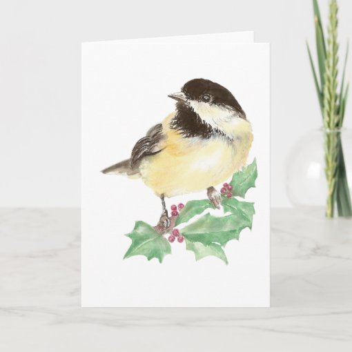 Christmas Cute Chickadee, Bird, Holly Wildlife Holiday Card | Zazzle