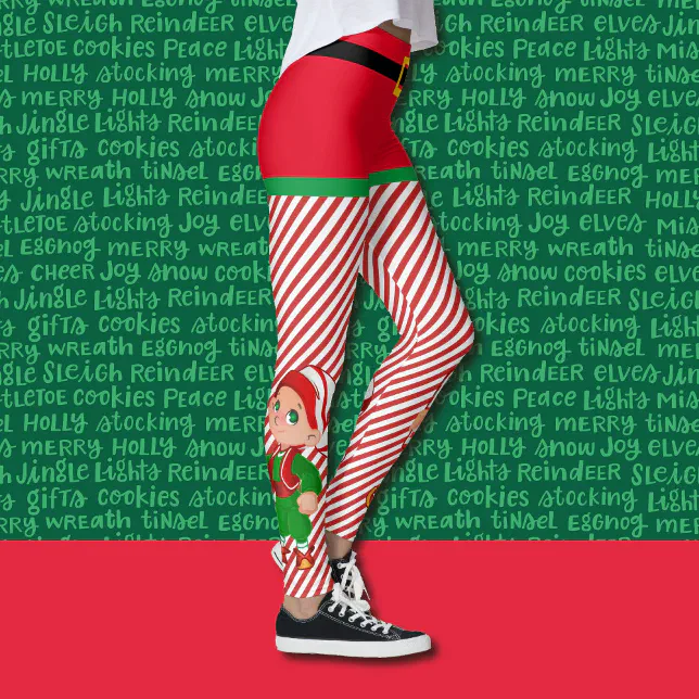 Christmas Cute Elf Women's Red & Green Stripe Leggings | Zazzle
