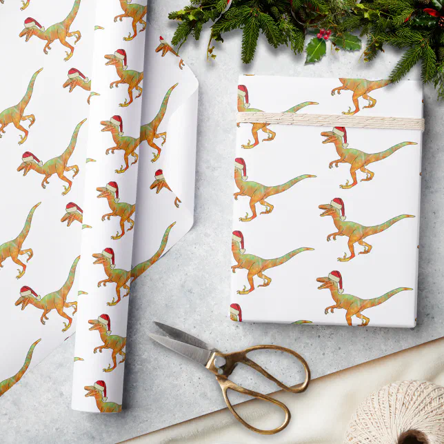 Christmas Dinosaur Raptor Wrapping Paper | Zazzle