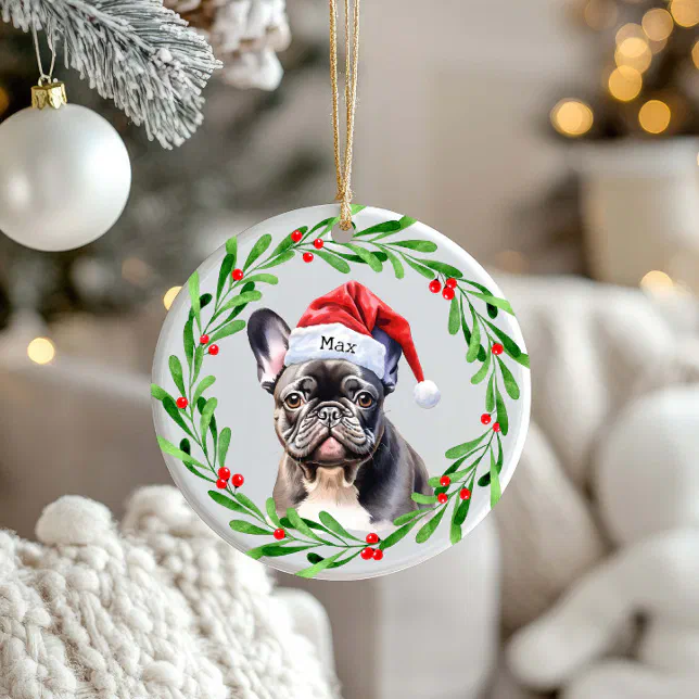 Christmas Dog Black Frenchie French Bulldog Santa Ceramic Ornament | Zazzle