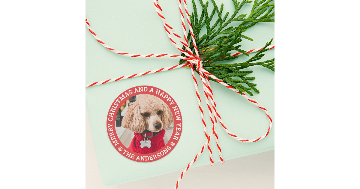 Christmas Dog Photo Classic Round Sticker | Zazzle