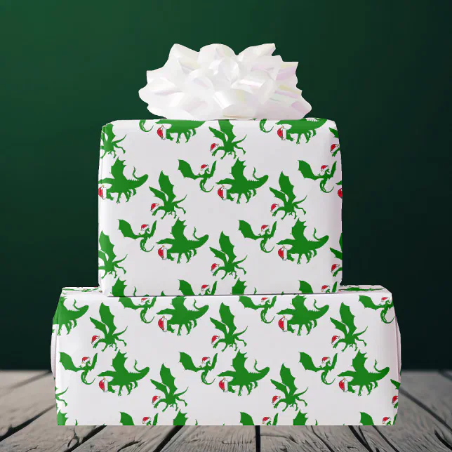 Christmas Dragon in Santa Hats Cool Fantasy Wrapping Paper | Zazzle