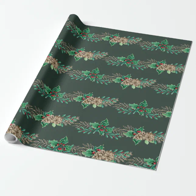 Christmas Elegant Striped Holly Berry Pine Foliage Wrapping Paper | Zazzle