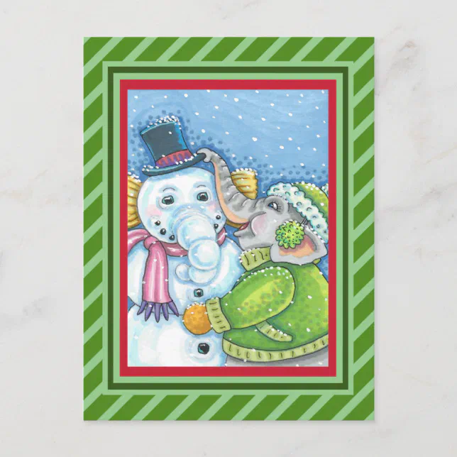 CHRISTMAS ELEPHANT BUILDING CUTE PACHYDERM SNOWMAN HOLIDAY POSTCARD ...