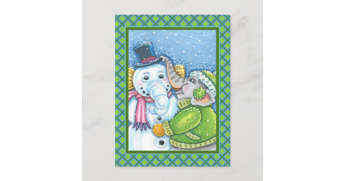 CHRISTMAS ELEPHANT BUILDING CUTE PACHYDERM SNOWMAN POSTCARD | Zazzle