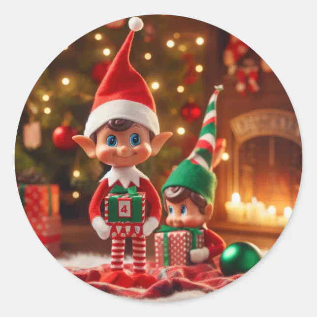 Christmas Elf Elves with Gifts AI Image Classic Round Sticker | Zazzle