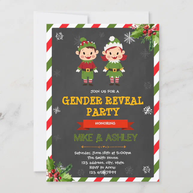 Christmas elf gender reveal party invitation | Zazzle