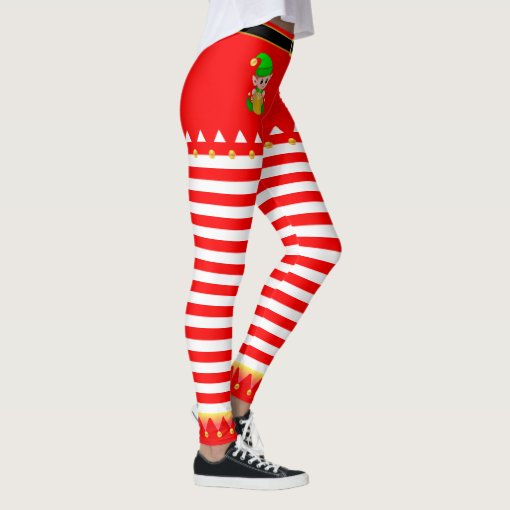 Christmas Elf & Jingle Bells on Red White Striped Leggings | Zazzle