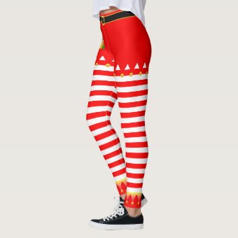 Christmas Elf & Jingle Bells on Red White Striped Leggings | Zazzle