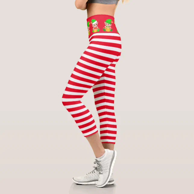 Christmas elf on red and white striped capri leggings | Zazzle