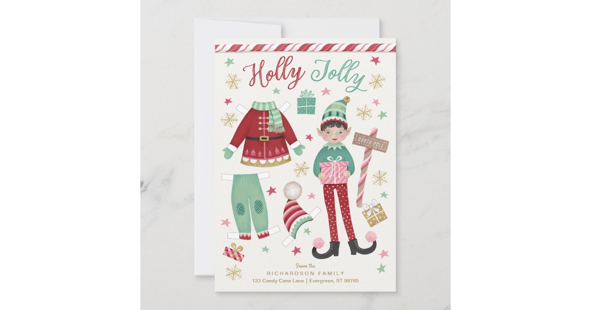 Christmas Elf Paper Doll Flat Holiday Card | Zazzle