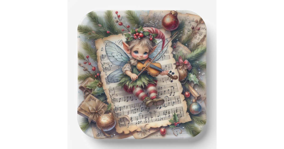 Christmas Elf Playing a Violin Paper Plates | Zazzle