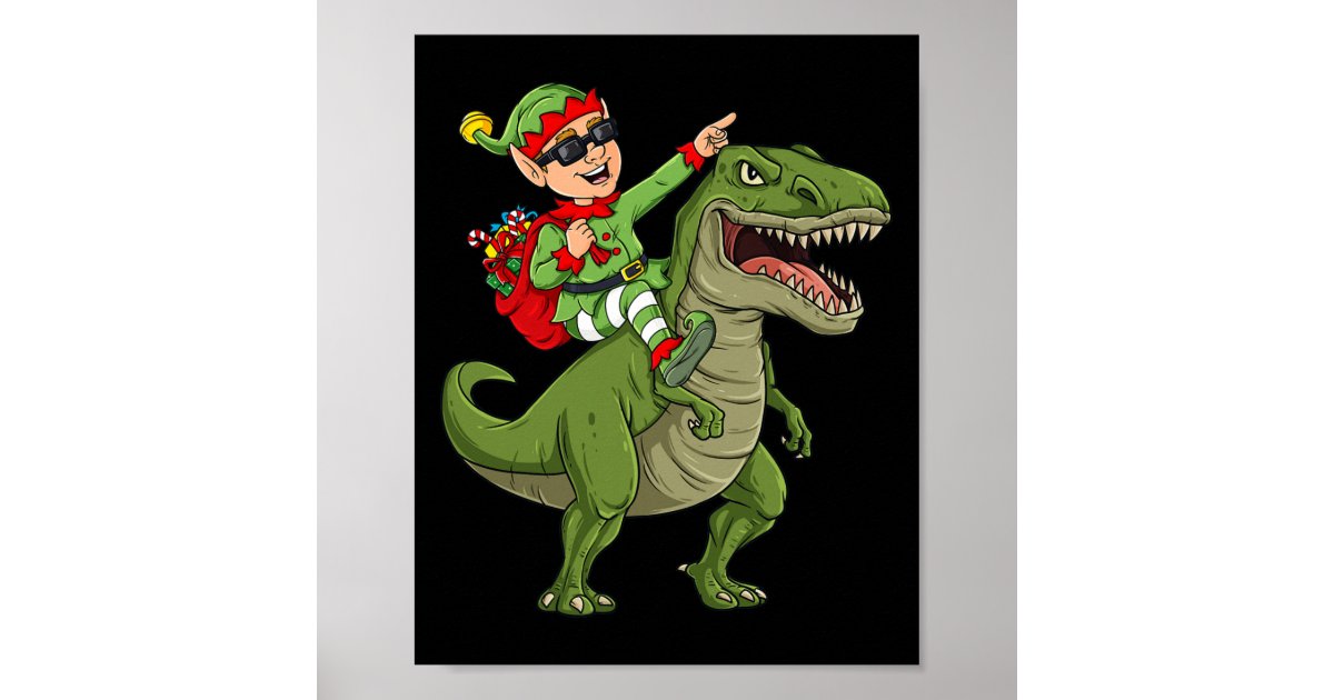 Christmas Elf Riding Dinosaur T Rex Boys Kids Fun Poster | Zazzle