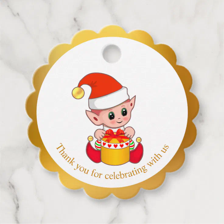 Christmas elf thank you on golden & white favor tags | Zazzle