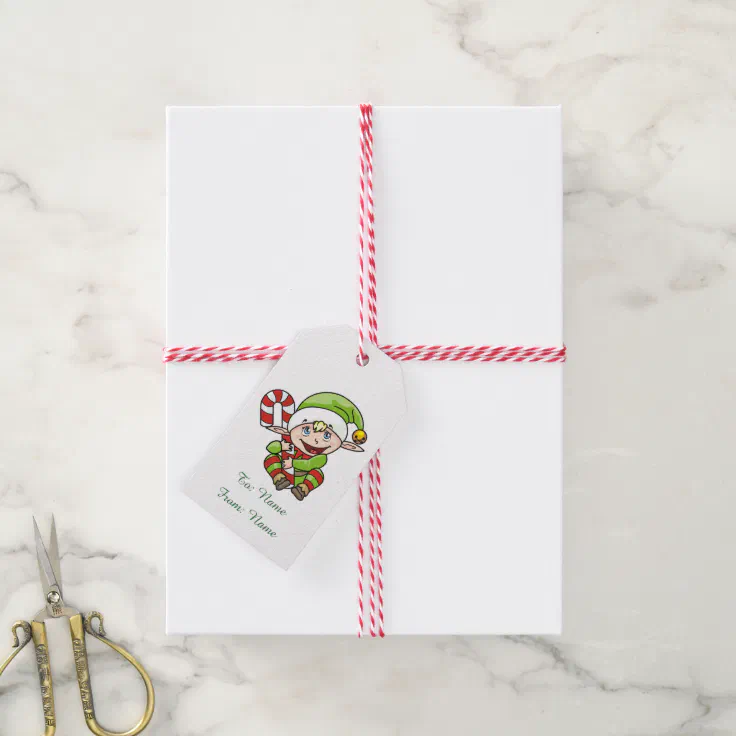 Christmas Elf with Candy Cane Gift Tags | Zazzle