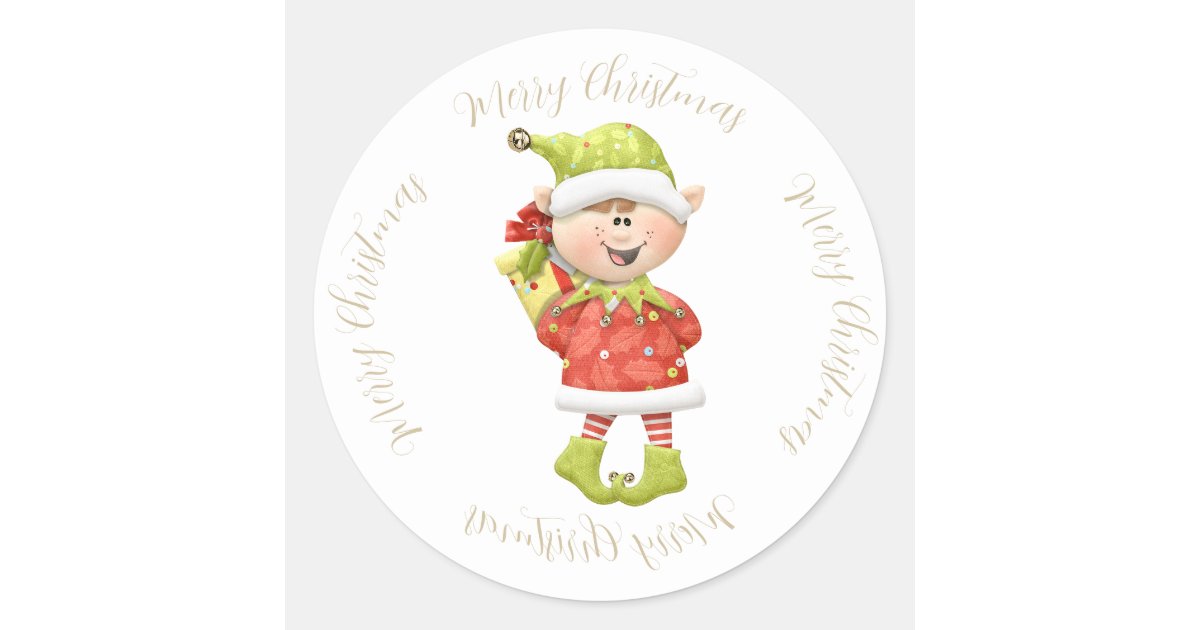 Christmas Elf with Present Classic Round Sticker | Zazzle